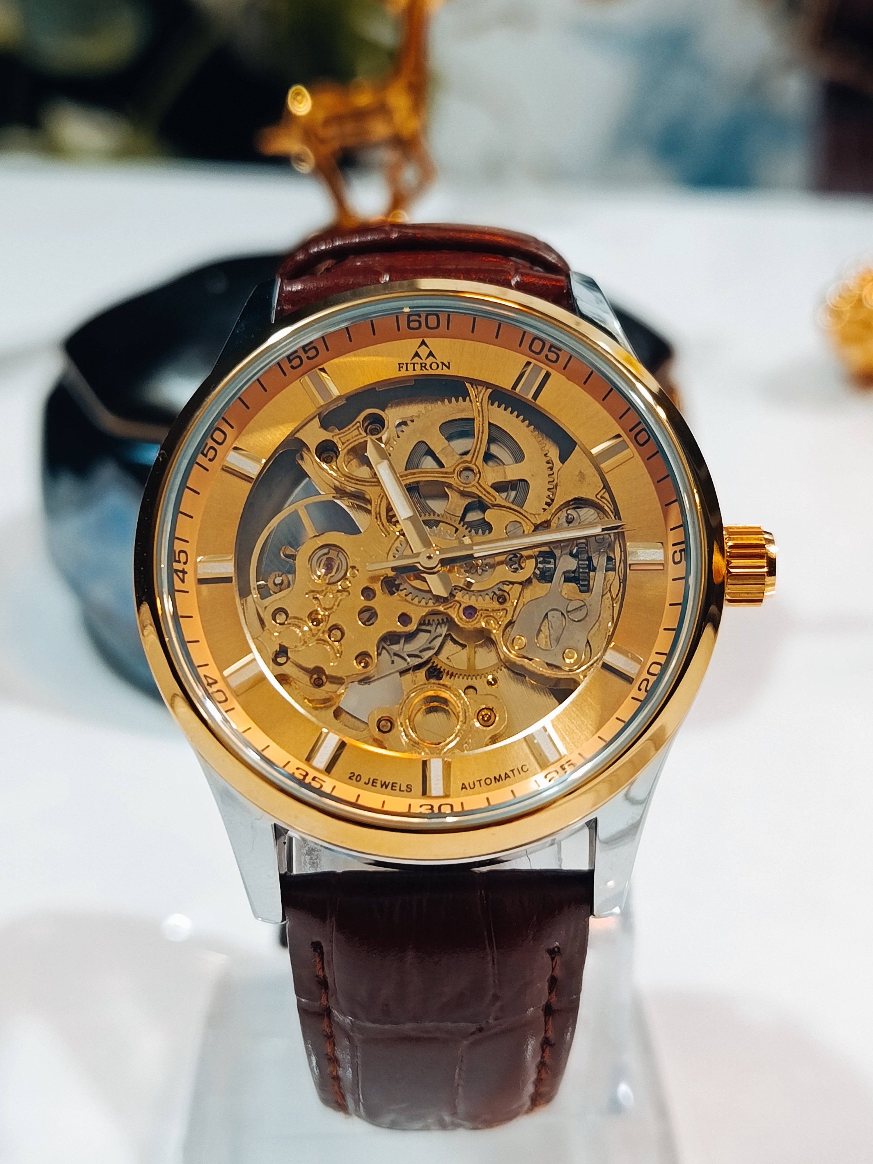 Fitron Skeleton Yellow Gold Dial Dial Brown Leather Strap Men's Watch ...