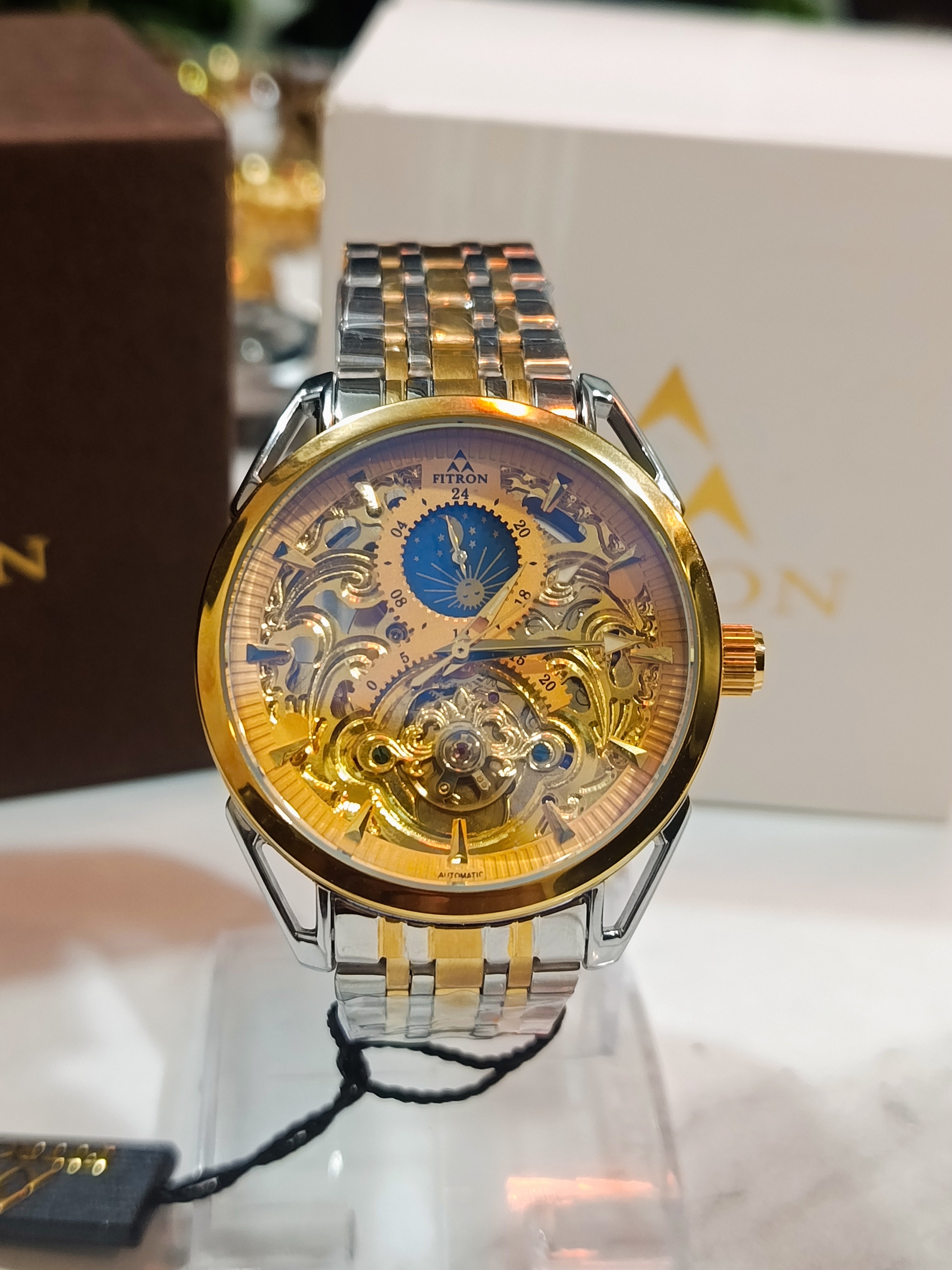 Fitron Moonphase Double Tone Automatic Men's Yellow Gold Dial Watch ...